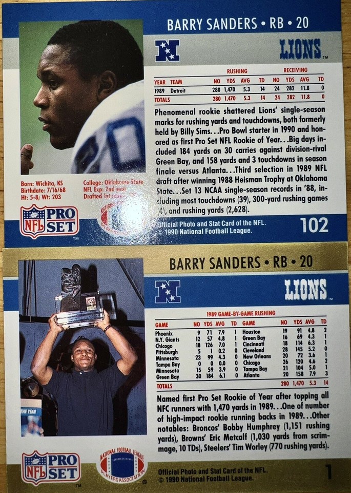 Barry Sanders Pro Set 1990 ROY card NFL Detroit Lions 2 card set. MINT ...