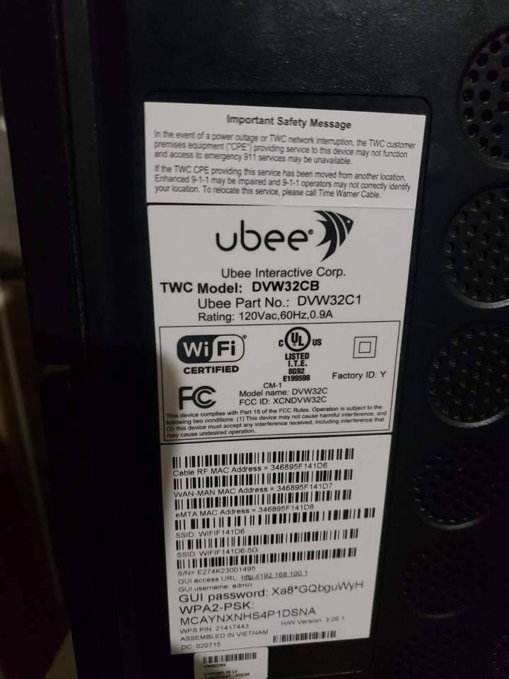 Ubee DVW32CB Advanced Wireless Voice Gateway Modem and Router DVW32C1 ...