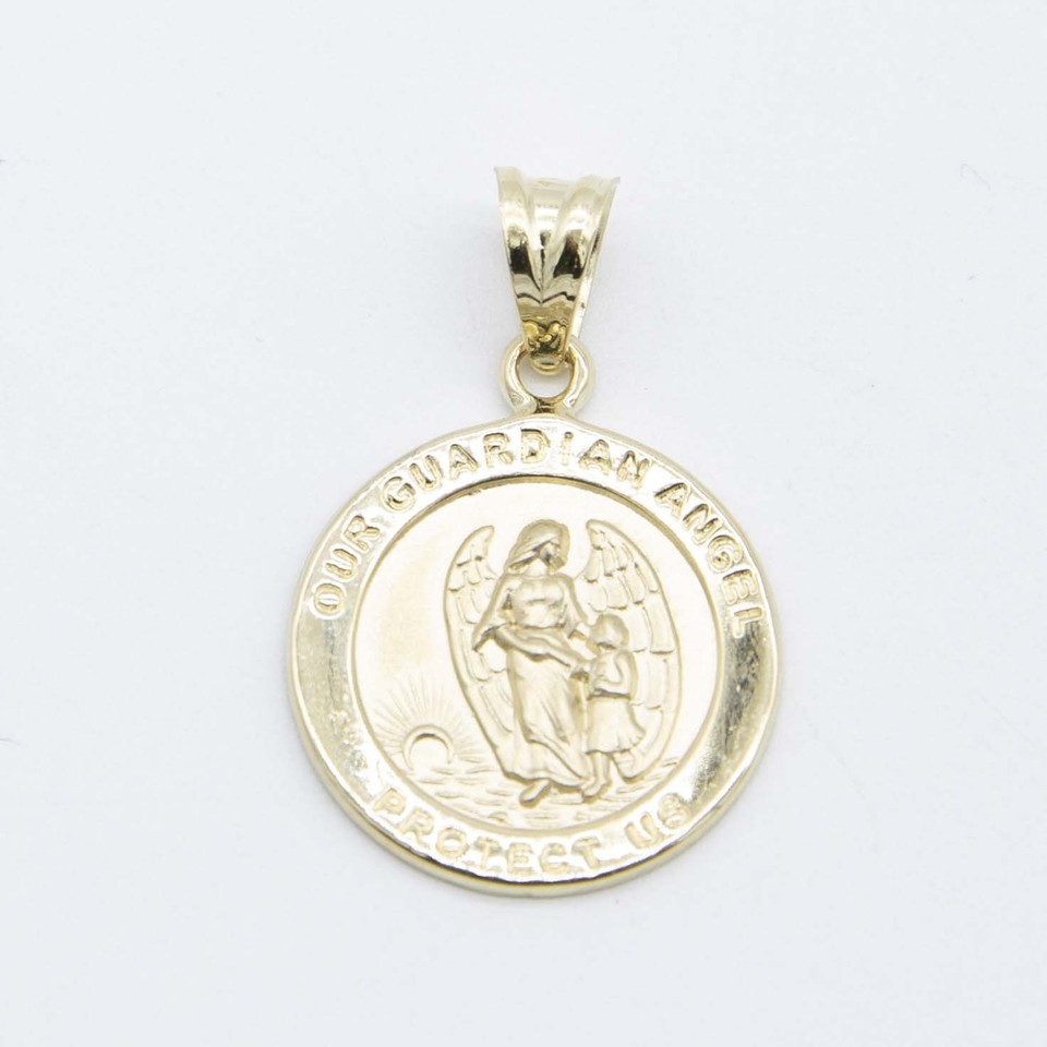 1" Textured Guardian Angel Medallion Pendant Real 14K Yellow Gold | eBay