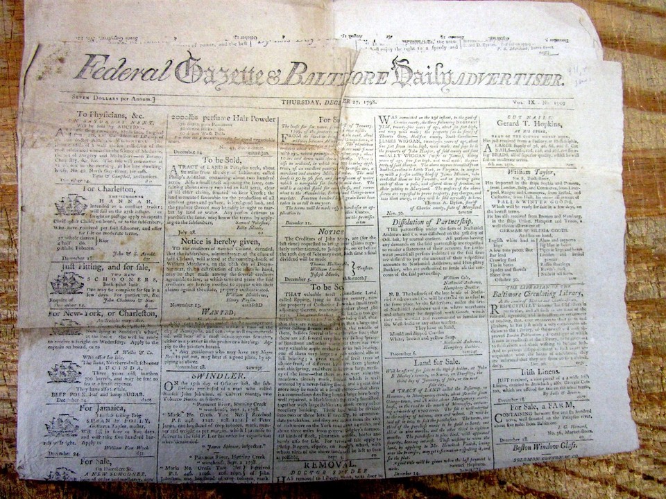 1798 Baltimore MD newspaper w 2 Ads NEGR0 SLAVES for SALE + RUNAWAY ...