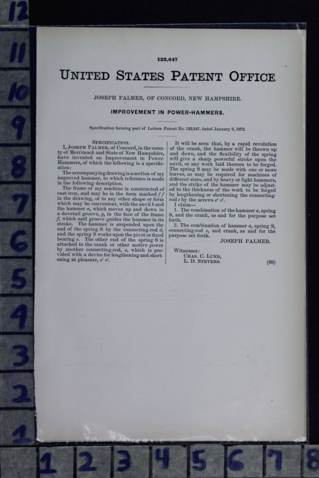1872 PALMER CONCORD NH POWER HAMMER TOOL CONSTRUCTION PATENT LITHO ...