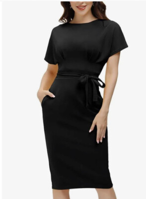 New Jasambac Black Pencil Belt Wrap Black 3/4 Sleeve dress Size Large ...