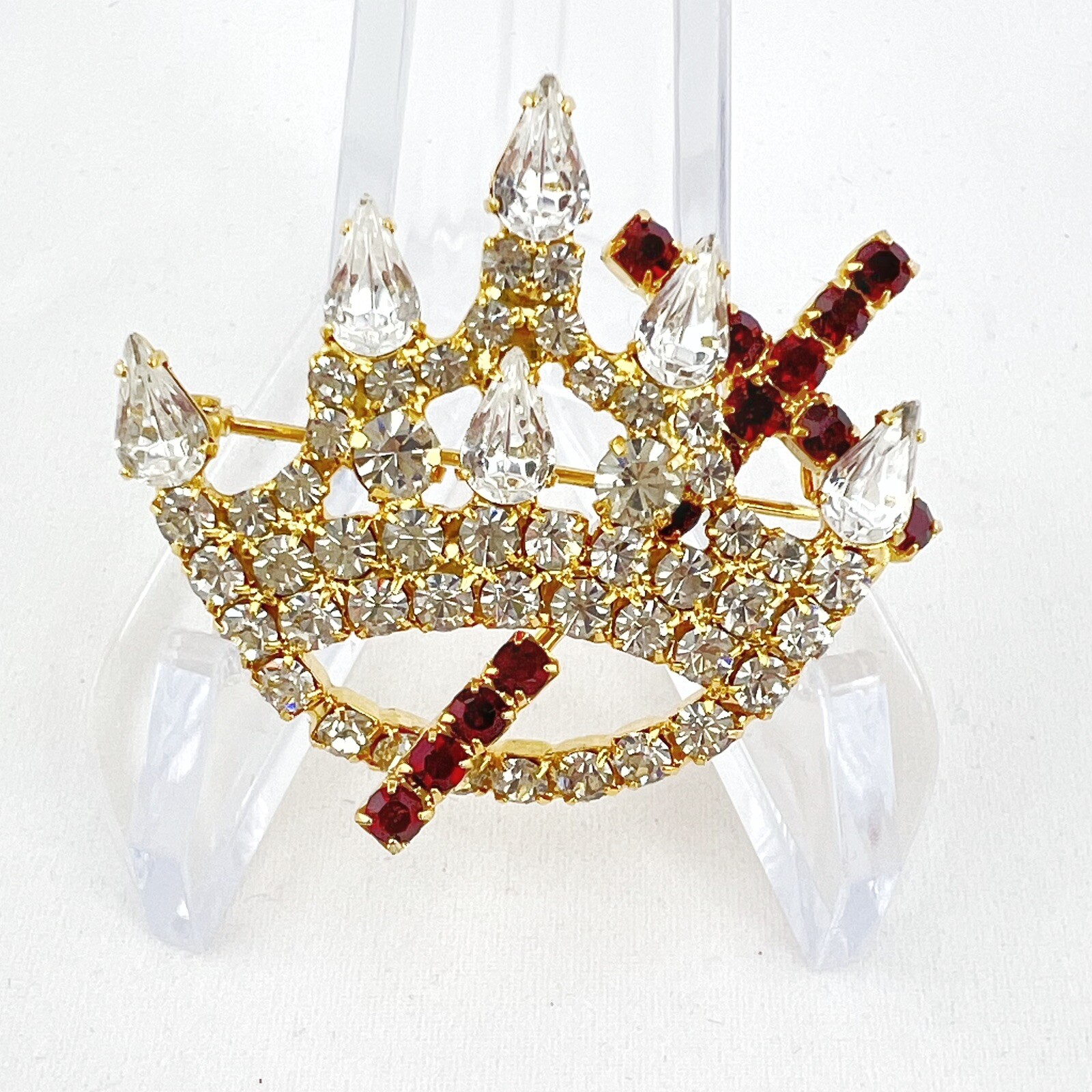 Clear And Red Rhinestone Crown And Cross Brooch Gold Tone | eBay