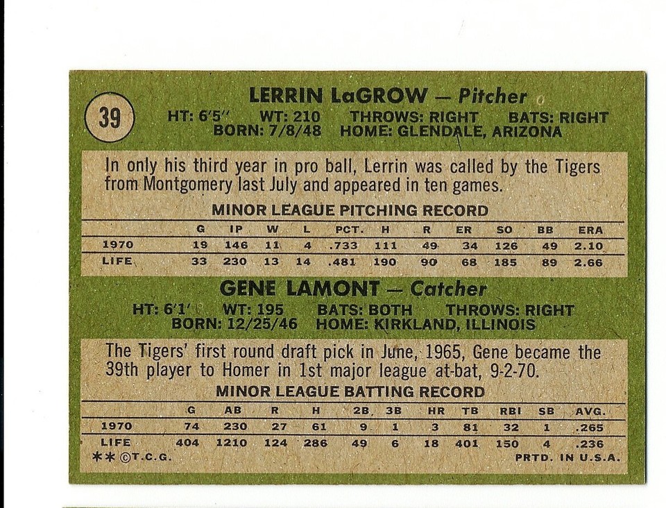 1971 TOPPS DETROIT TIGERS ROOKIE STARS #39 GENE LAMONT LAGROW EXMT+ | eBay