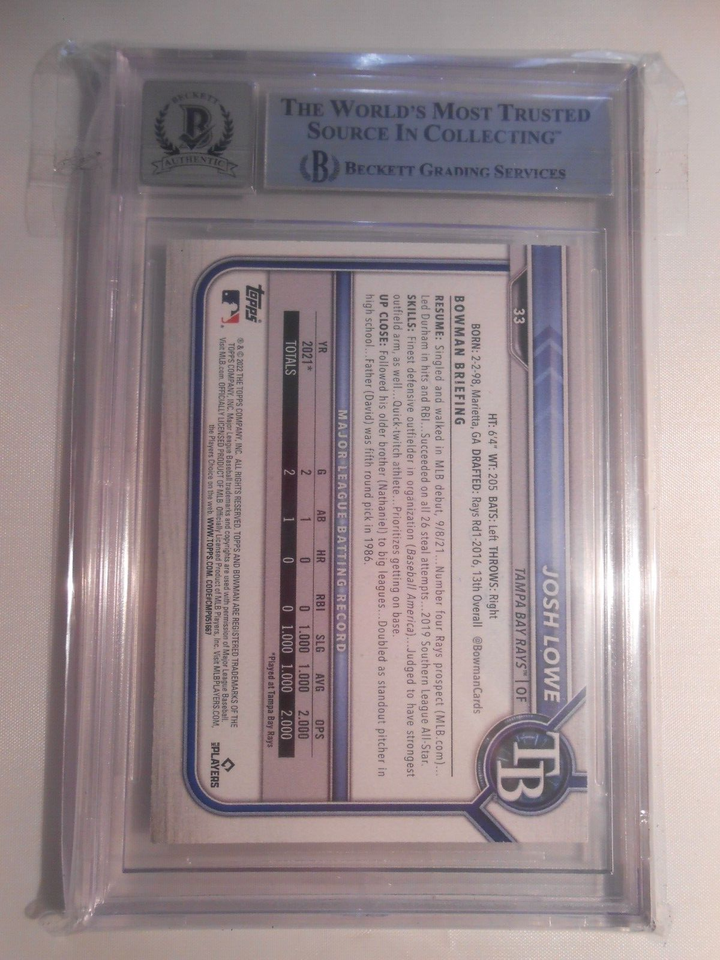 Josh Lowe 2020 Bowman RC #33 Signed GRADE 10 Auto Autograph Beckett ...