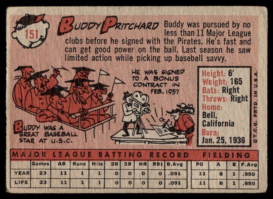 1958 Topps Buddy Pritchard Rookie Pittsburgh Pirates #151 | eBay