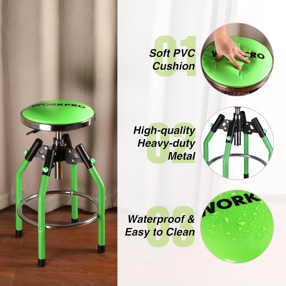 WORKPRO Garage Bar Stool, Heavy Duty Adjustable Hydraulic Shop Green | eBay