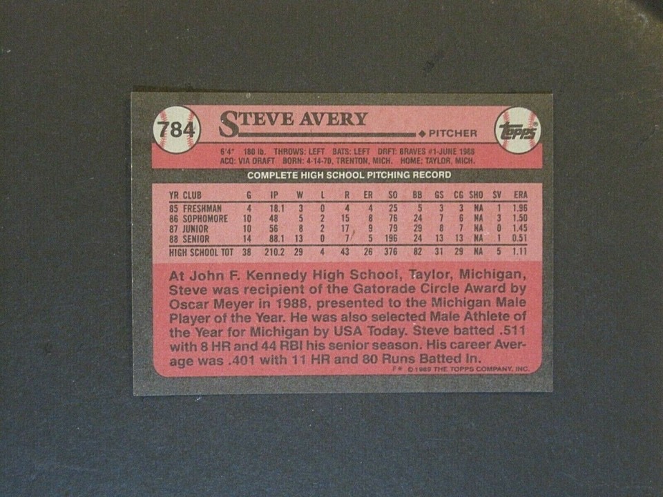 1989 TOPPS STEVE AVERY ATLANTA BRAVES #1 DRAFT PICK ROOKIE CARD #784 ...
