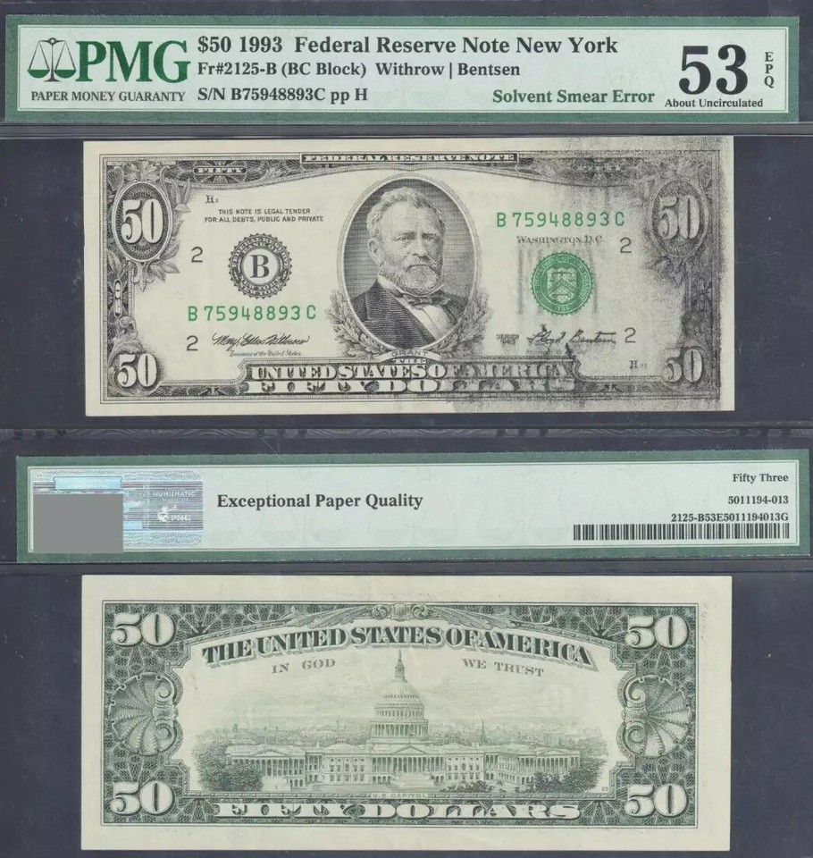 $50 1993 FRN Solvent Smear Error PMG About Uncirculated 53EPQ | eBay