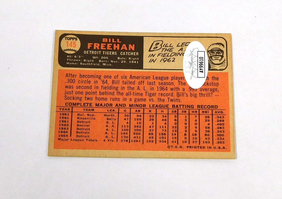Bill Freehan Signed 1966 Topps Baseball Card #145 JSA Auto AY99610 | eBay