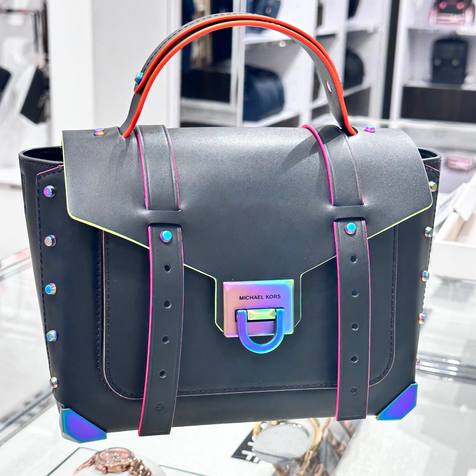 Michael Kors Manhattan Medium Contrast Trim Leather Satchel Stud ...