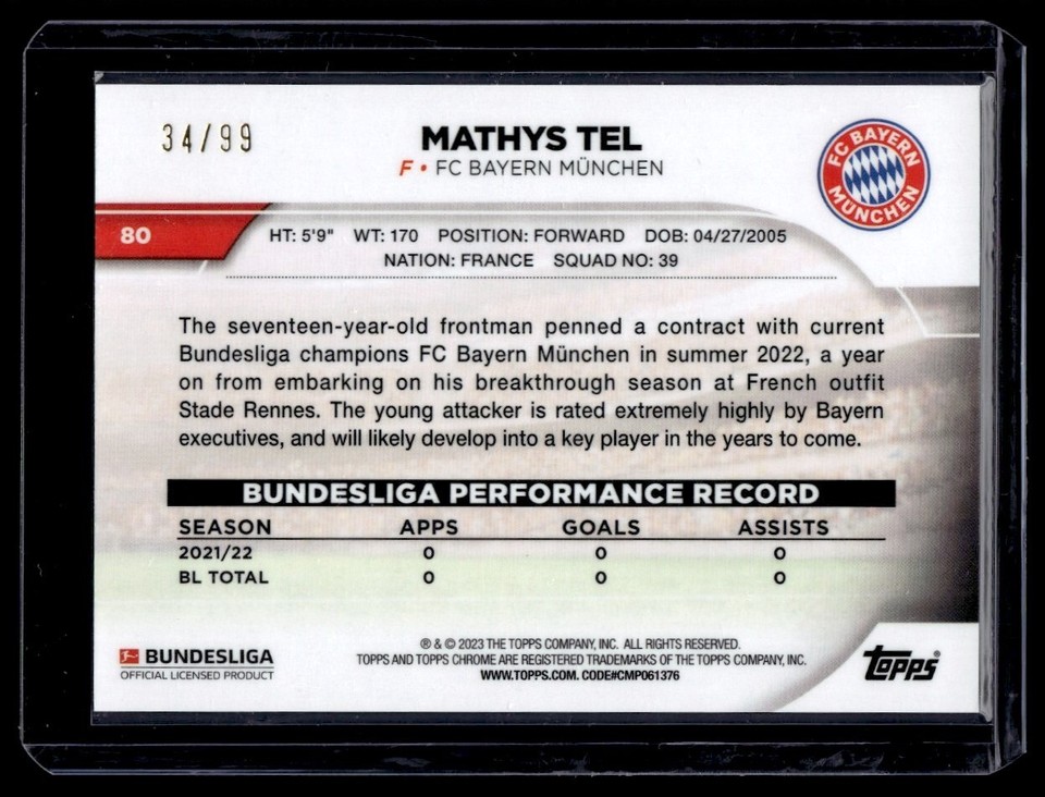 2023 Topps Chrome Bundesliga Mathys Tel /99 FC Bayern Munchen #80 | eBay