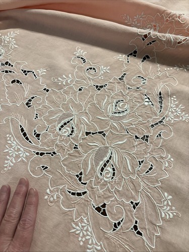 VTG Embroidered Tablecloth Madeira Linen Cutwork Floral Pink 64x98” Banquet | eBay