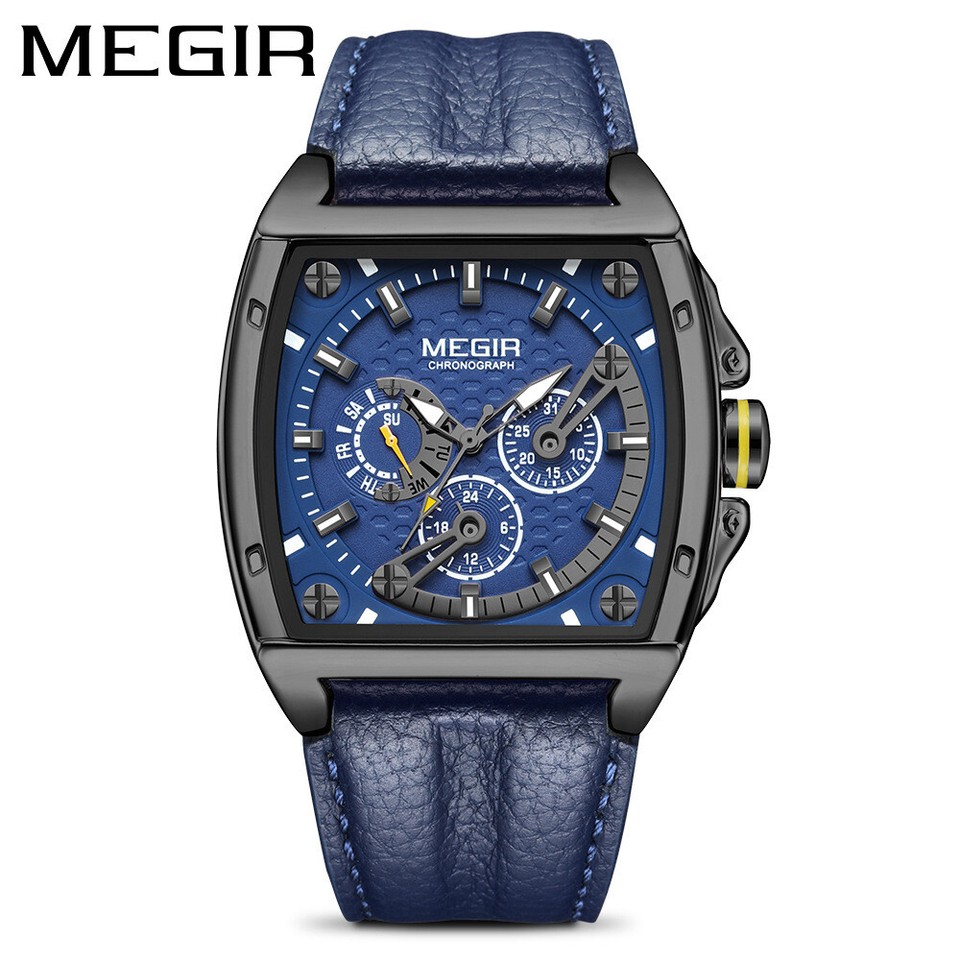 Megir Men's Genuine Leather Quartz Watch Chronograph Casual Square ...