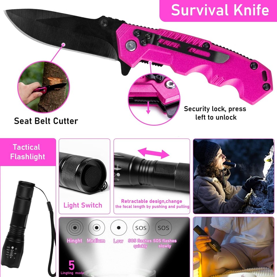 Pink Survival Kit for Women, Camping and Hiking Essentials with First ...