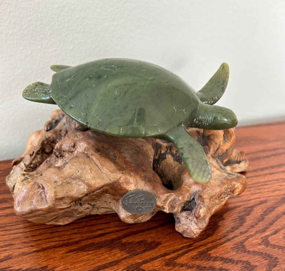 John Perry "Jade Like" Resin Sea Turtle Sculpture On Burl Wood Base ...