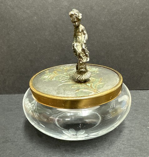 Cherub Mixed Metal Lid & Etched Glass Trinket/Vanity Music Box Wind Up ...