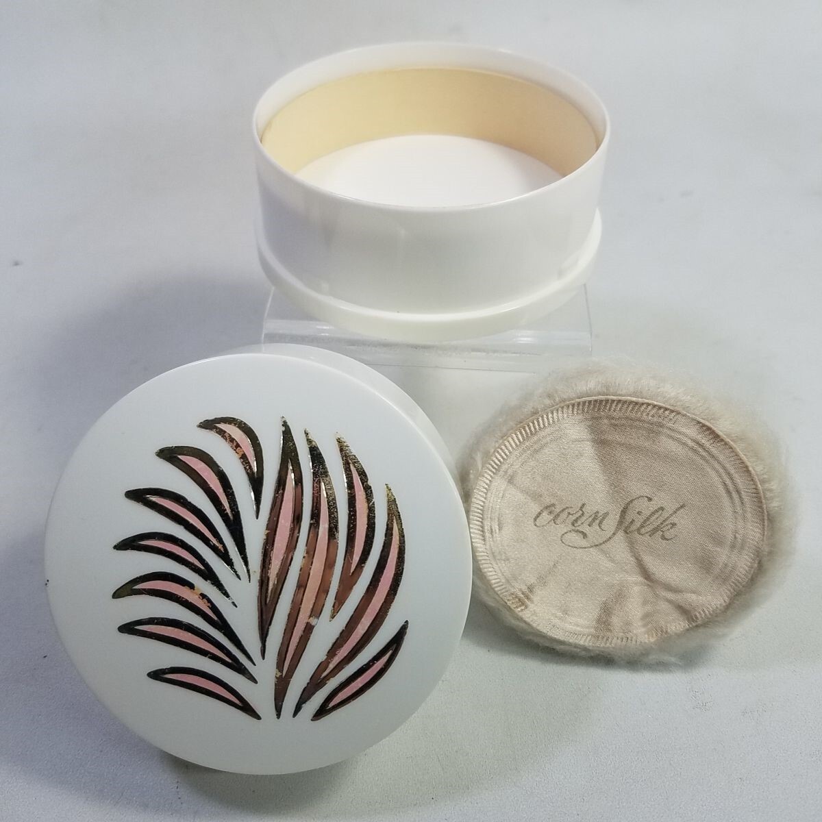 Vtg Corn Silk Face Powder Box & Puff Empty Shulton Round White Plastic ...