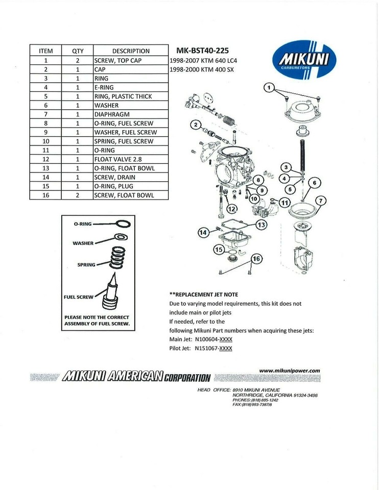 NEW Release! Genuine Mikuni Carb Rebuild kit '98-'07 KTM 640 LC4 MK ...