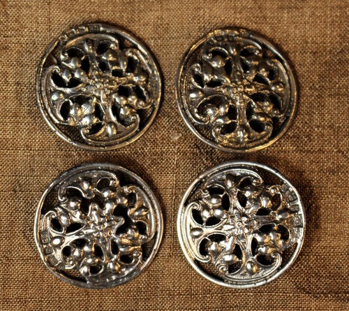 4 Cast,Hand Engraved & Pierced English Sterling Buttons (Birm. 1900, L ...