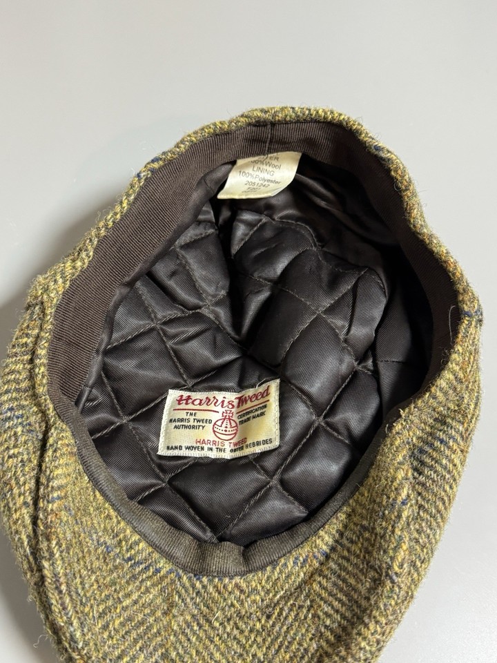 Harris Tweed 100% Wool Flat Cap Mens Herringbone Green Shooting Walking ...