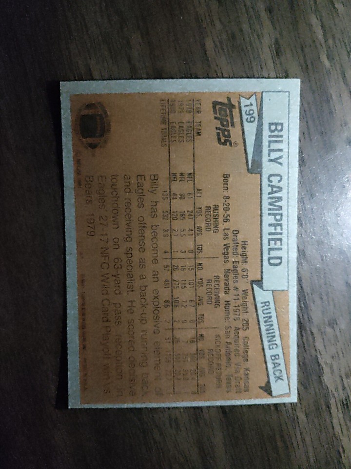 1981 Topps Football #199 Billy Campfield Philadelphia Eagles NM free ...