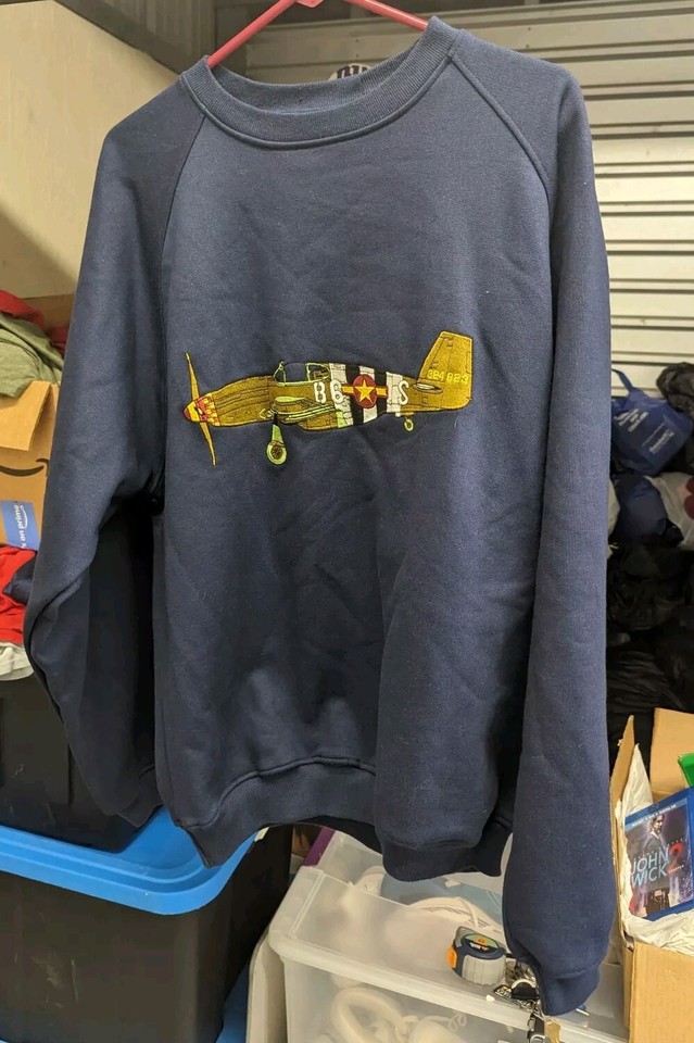 EUC Vintage WW2 USA B6 Bomber Fighter Plane Jet Blue Sweater Mens M ...