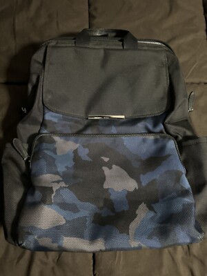 TUMI Small Laptop Backpack Blue Camo Cady 16” Black Leather Trim Rare ...