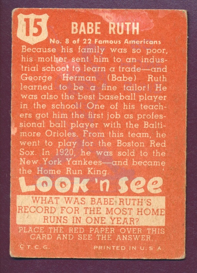1952 TOPPS LOOK N SEE #15 BABE RUTH KEY CARD NO CREASES GREAT FIND RARE ...