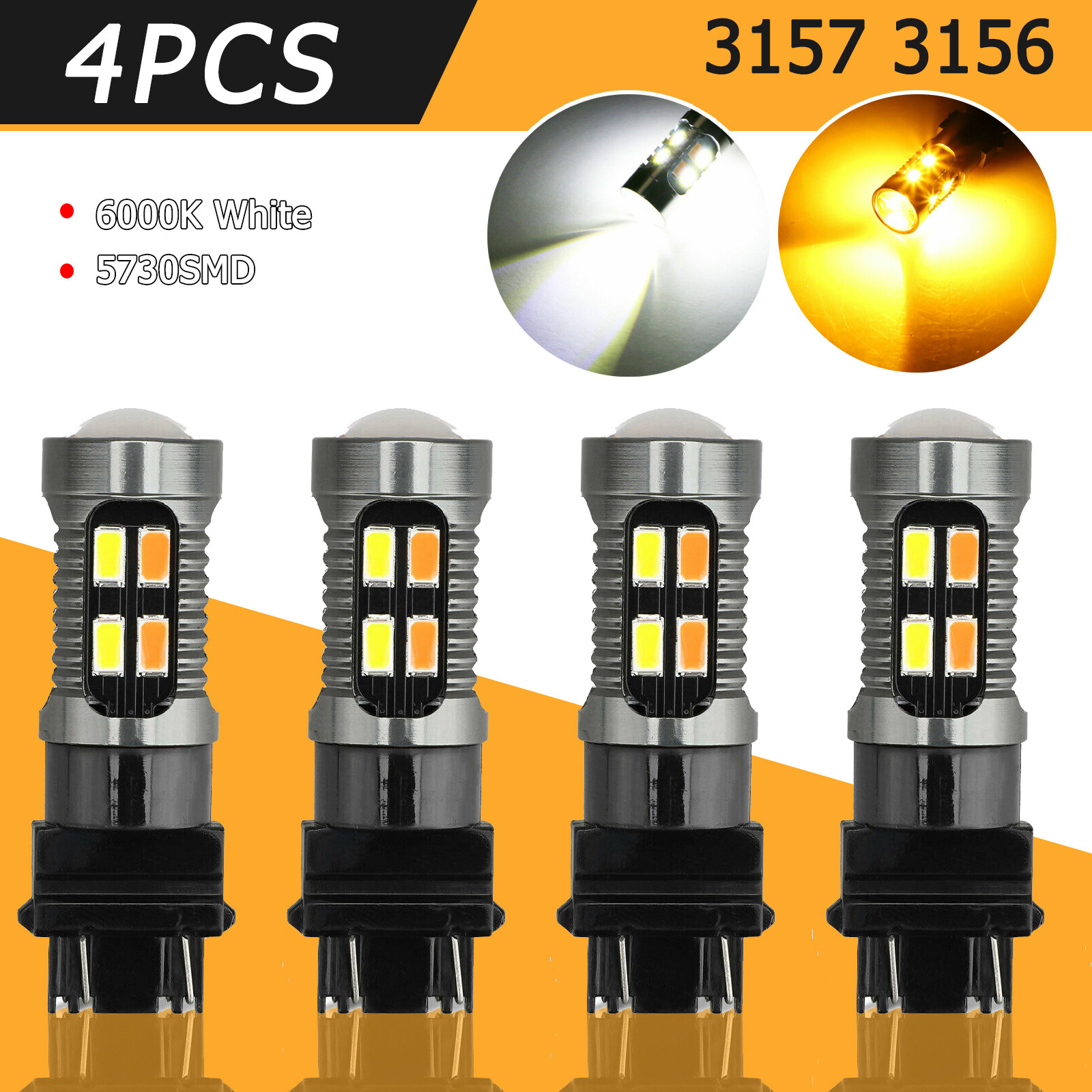 4x 3157 3156 White/Amber LED DRL Switchback Turn Signal Light Bulbs ...