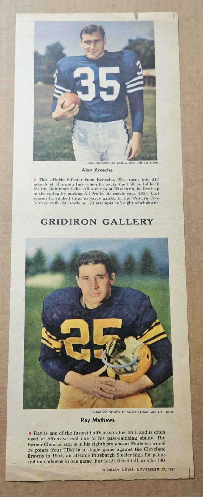 Vintage Alan Ameche & Ray Mathews "Gridiron Gallery" Print November ...