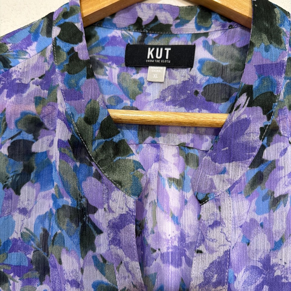 Kut from the Kloth Floral Blouse Women Medium Long Sleeve Roll Tab ...