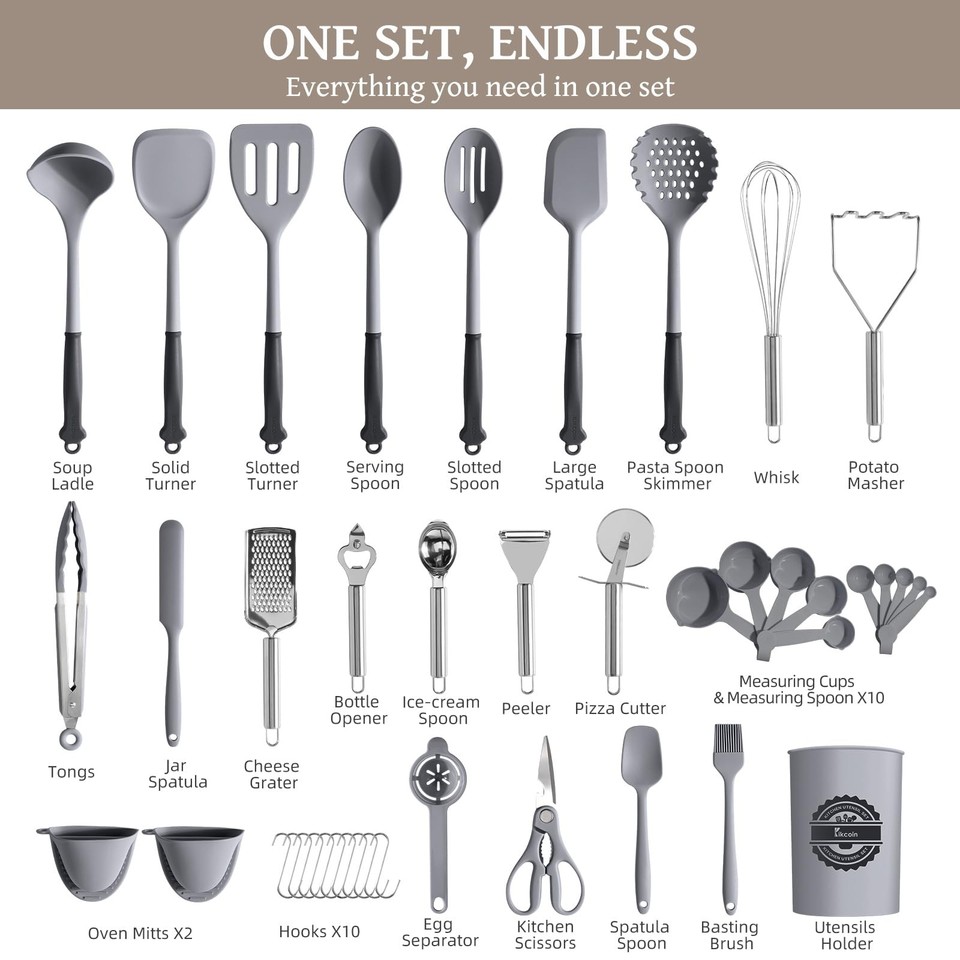 43Pcs Large Kitchen Utensils Set - Silicone Cooking Utensils Set ...
