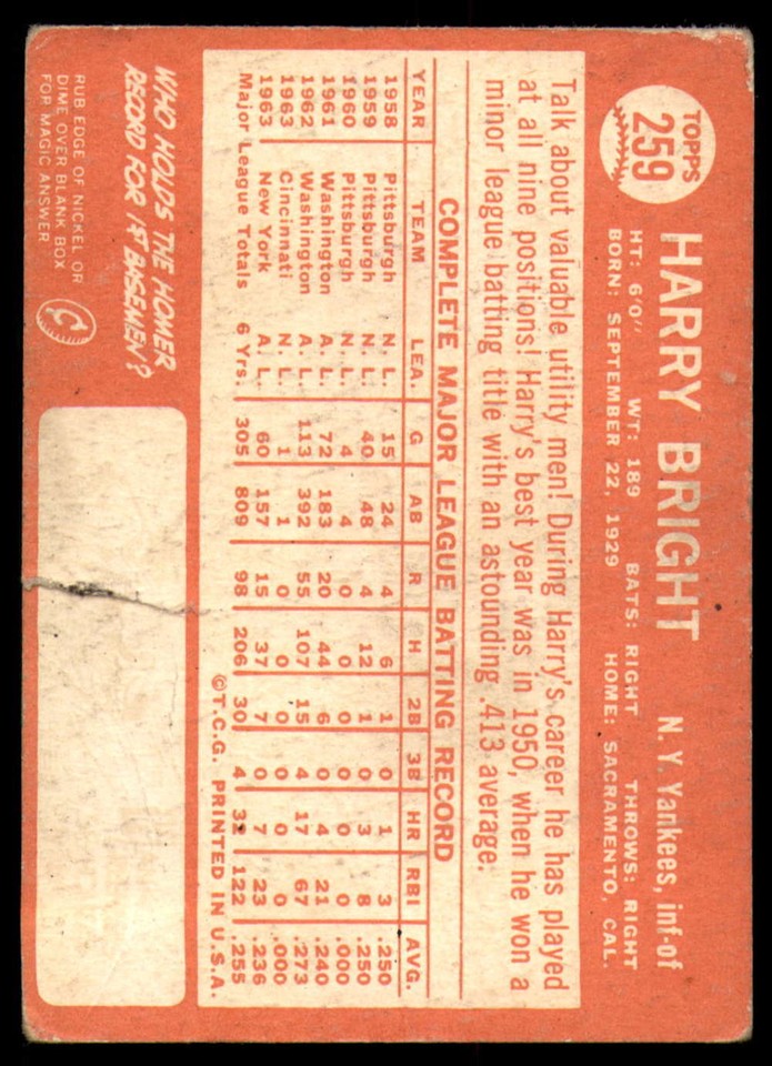1964 Topps #259 Harry Bright G-VG Yankees ID:233920 | eBay