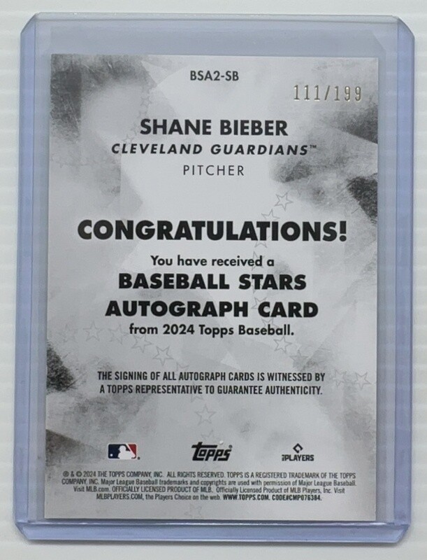 2024 Topps Shane Bieber Black Baseball Stars Auto Autograph #111/199 ...