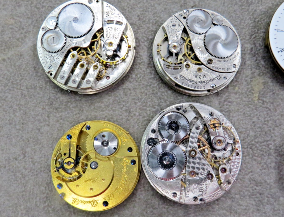 LOT ANTIQUE POCKET WATCH MOVEMENTS, HAMILTON WALTHAM, INGERSOLL TISSOT ...