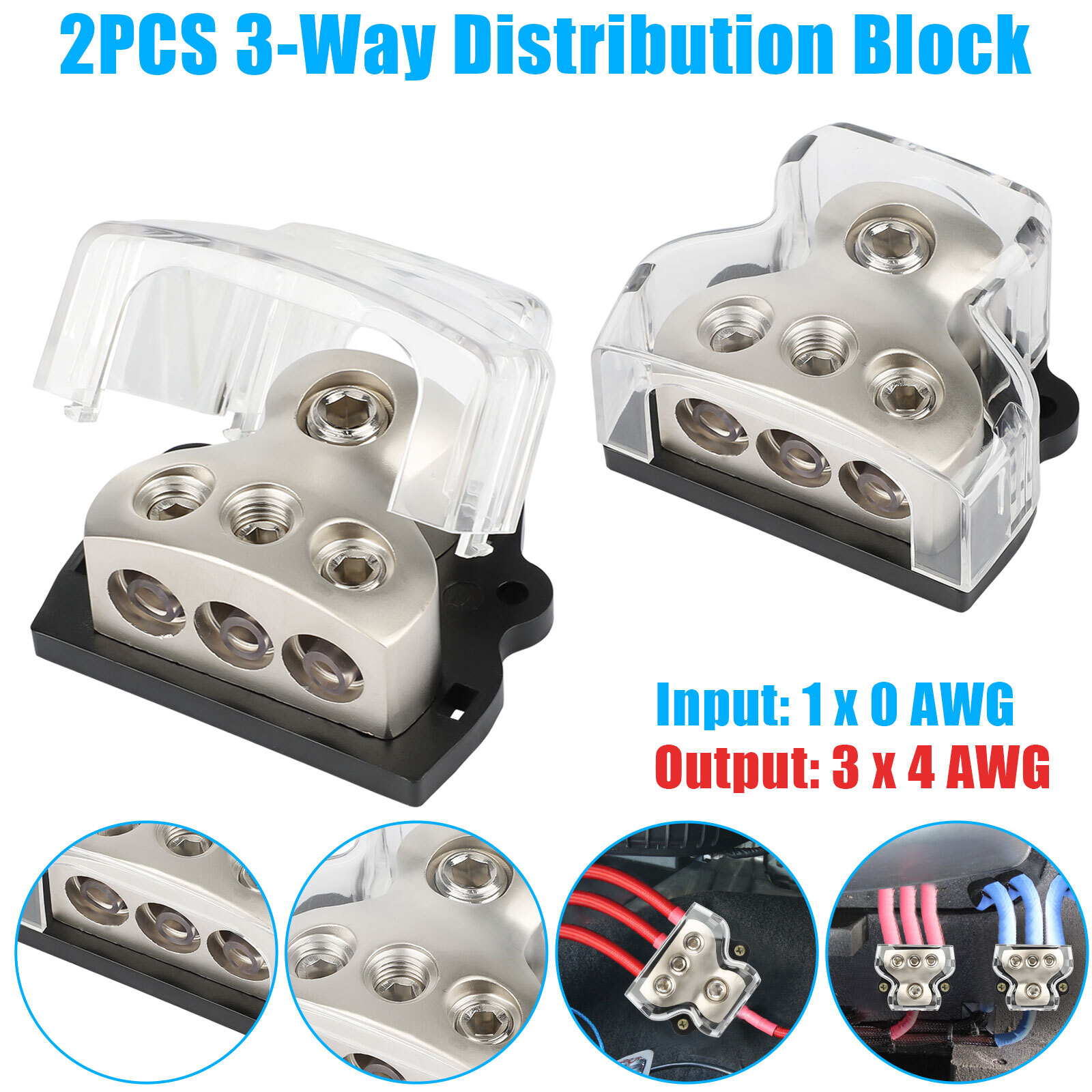 2PCS 3Way 1x 0 Gauge Input 3x 4 Gauge Output Power Ground Amp ...