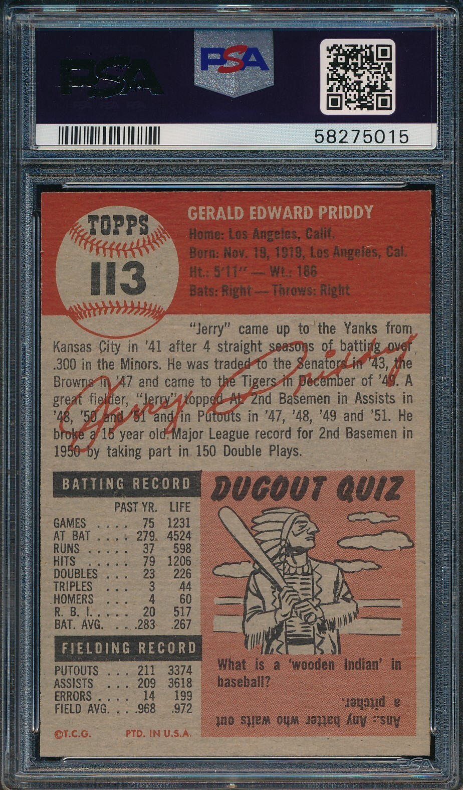 1953 Topps - Bio Information in White #113 Jerry Priddy for sale online ...