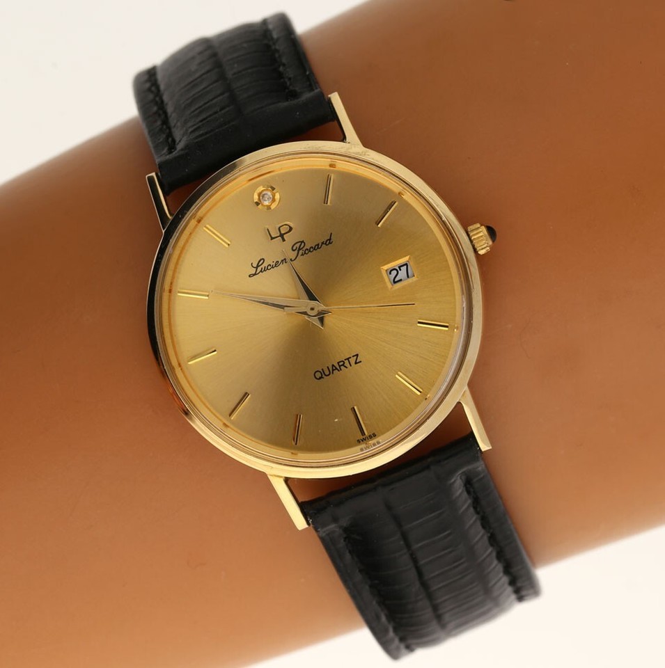Mens Lucien Piccard #24787 14K Gold Watch Black Strap 33MM + Box ...