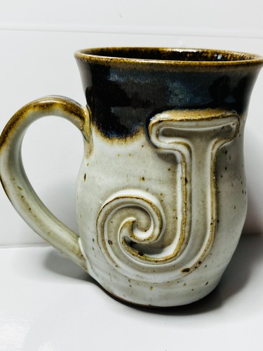 Fingerprint Pottery Monogram Initial Mug J Wheel Thrown White Brown ...