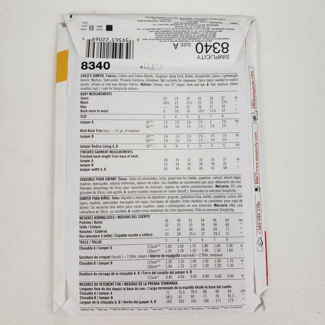 8340 Simplicity Child's Jumper Uncut Sewing Pattern Size 3-8 for sale ...