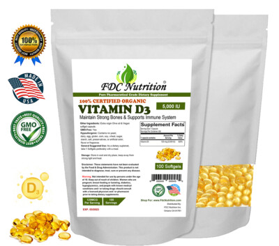 FDC Nutrition Vitamin D-3 5000 IU 100 Soft-gels Non GMO Made in USA ...