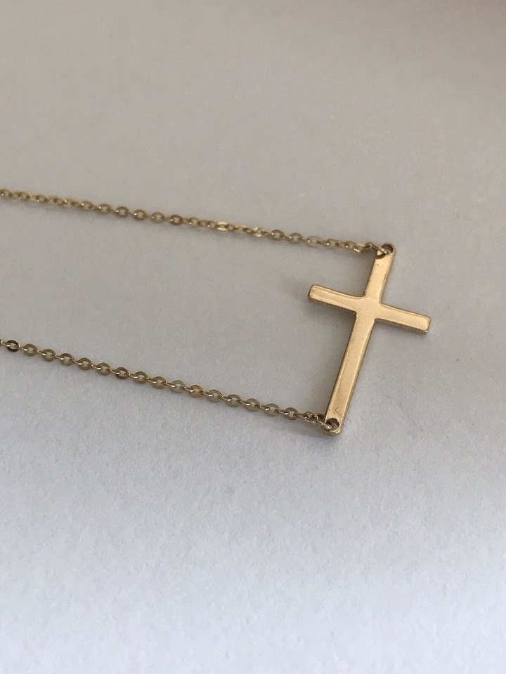 14K Solid Yellow Gold Side Way Horizontal Cross Necklace - 18" | eBay
