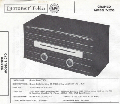1958 GRANCO T-270 AM FM TUNER Photofact MANUAL T270 Vintage Schematic ...