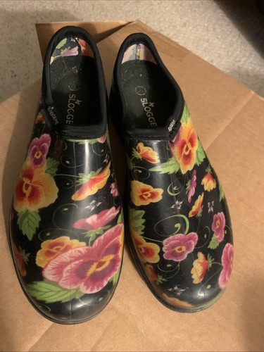 Sloggers Shoes Womens 9 Floral Clogs Casual Black Rubber Slip On ...