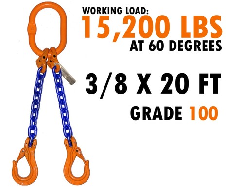 3/8" x 20' FT Grade 100 Chain Sling Spreader Safety Latch Hook Lifting ...