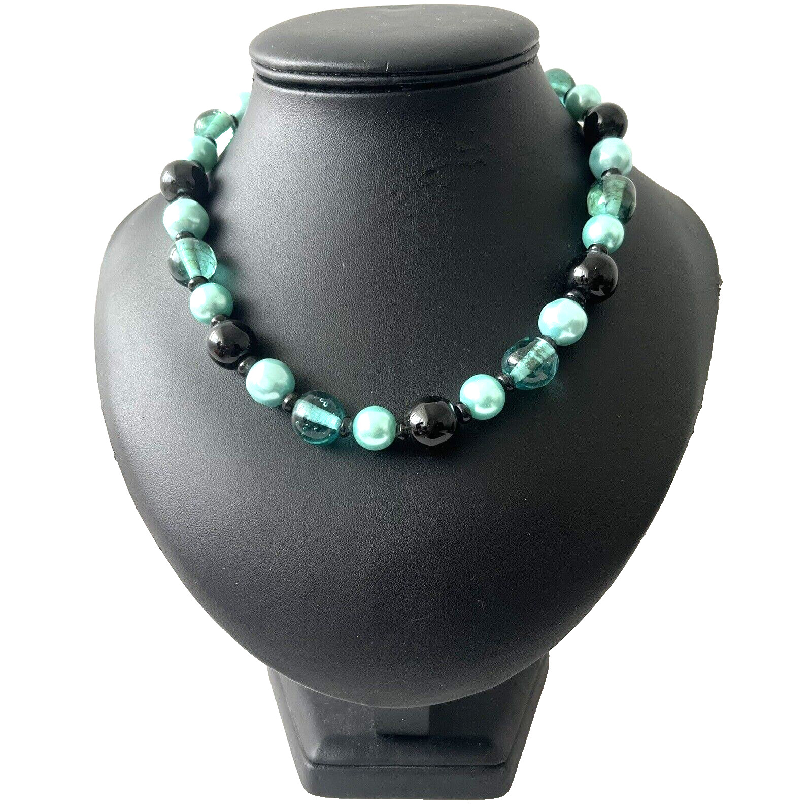 Statement Shiny Aqua Blue Glass & Black Necklace 44cm… - Gem