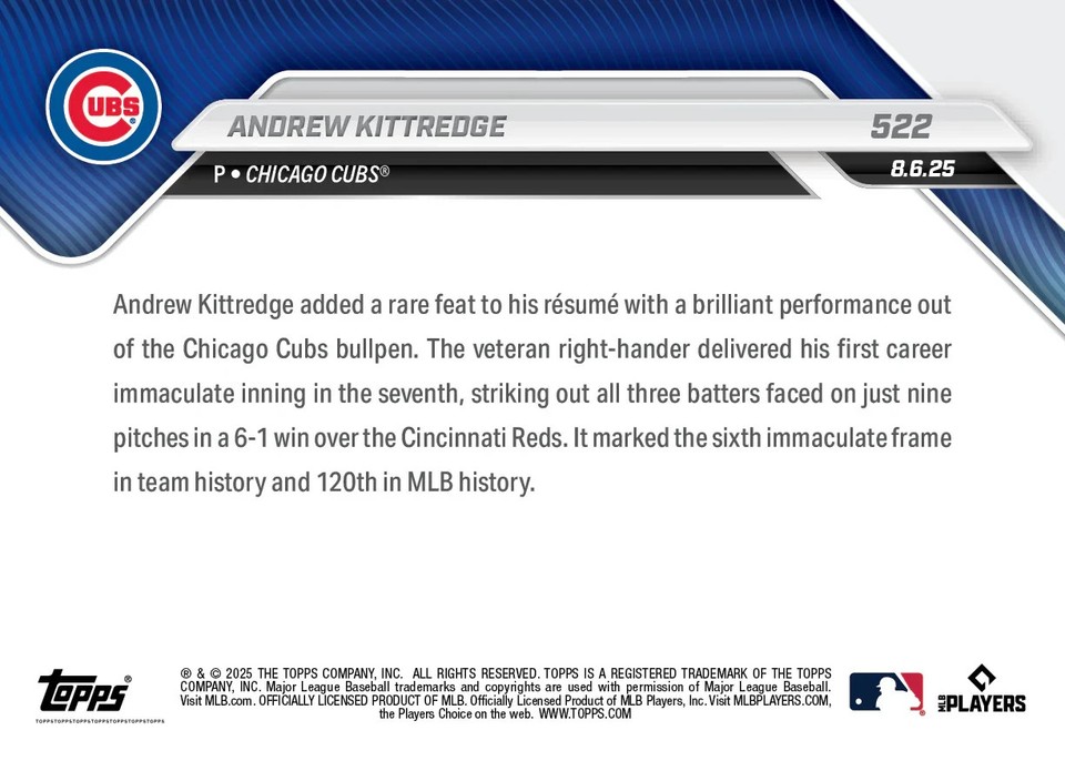 2025 Topps Now 9 Pitch Immaculate In #522 Andrew Kittredge Chicago Cubs ...