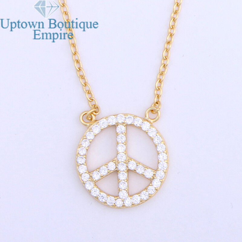 925 Sterling Silver Round Peace Sign Cubic Zirconia Pendant Necklace ...