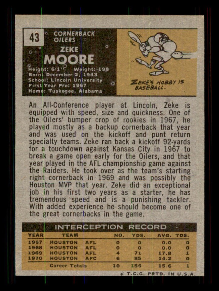 1971 Football Topps Zeke Moore Houston Oilers #43 RC1 | eBay